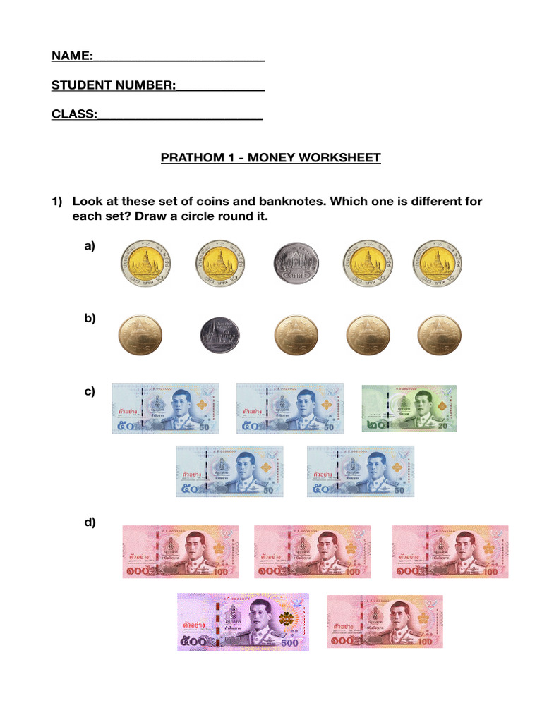 Prathom 1 Money Worksheet Activities | PDF