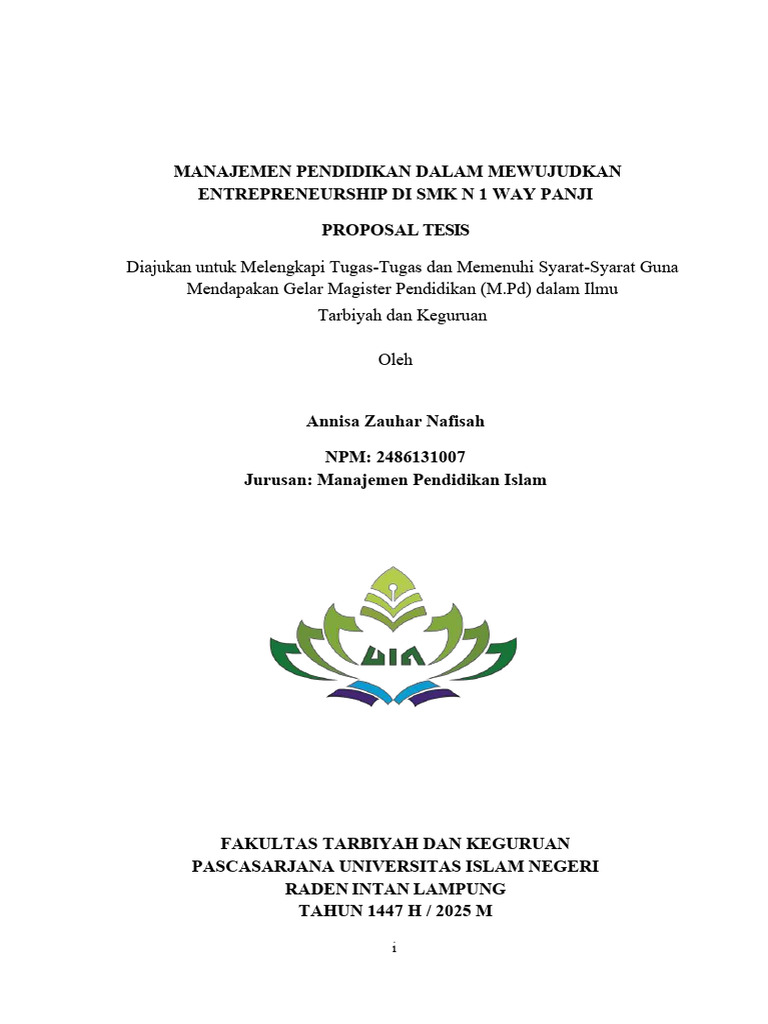 Proposal Tesis Annisa Zauhar Nafisah (2486131007) Kelas A | PDF