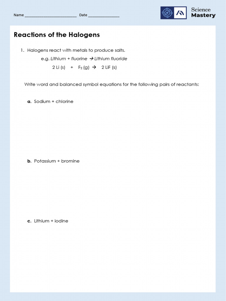 03 - C3.1.10 Reactions of The Halogens Worksheet | PDF