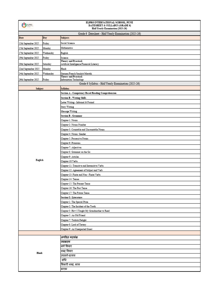 Grade 6 Half Yearly Exam Datesheet & Syllabus | PDF | Noun ...