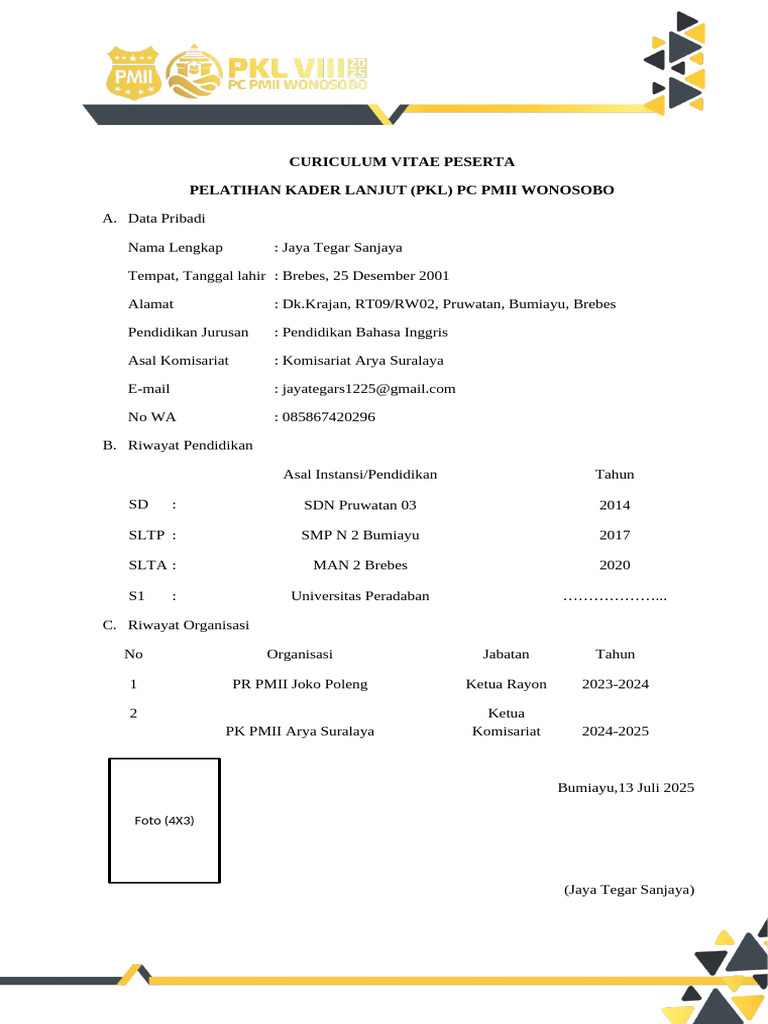 Template CV PKL Wonosobo Tegar 25 | PDF