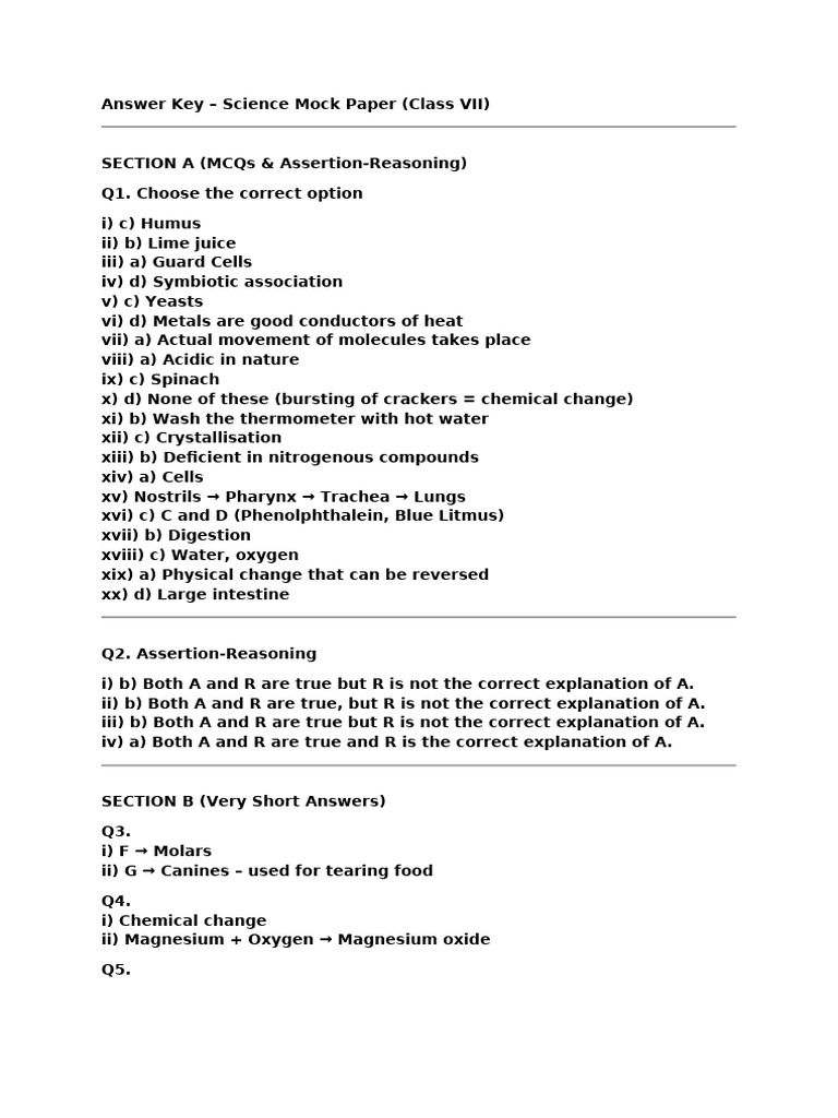 Science Mock Paper Answer Key for Class VII | PDF | Digestion | Water