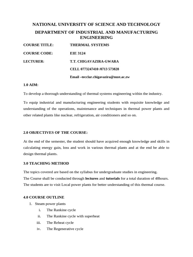 Thermal Systems Engineering Course Overview | PDF | Boiler | Cogeneration