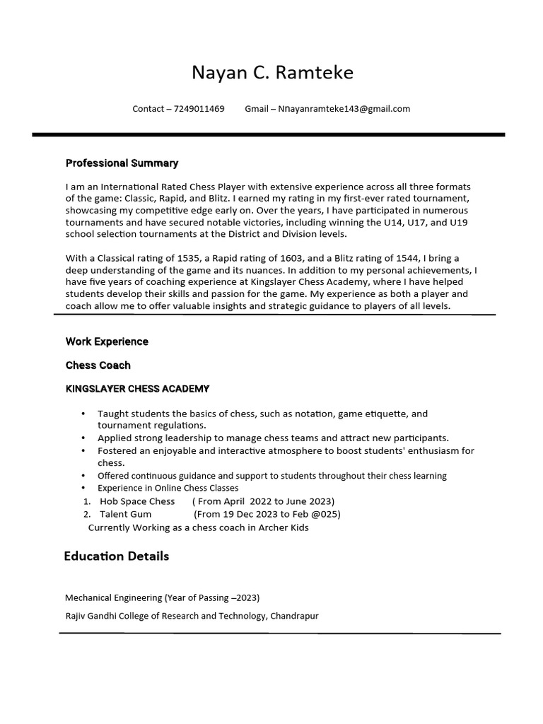 Chesss Resume 2025 NAYAN (1) - 1 | PDF | Chess | Board Games