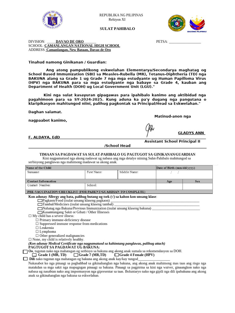 Bisaya Notification LetterAcknowledgement Consent | PDF