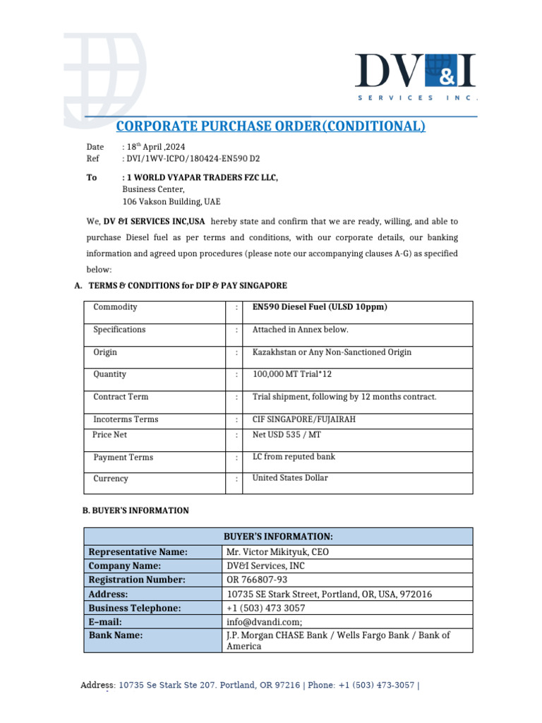 Corporate Purchase Order for Diesel Fuel | PDF | Sales | Bill Of Lading