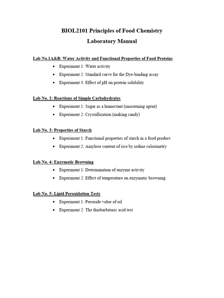 Food Chemistry Lab Manual Overview | PDF | Biology | Chemistry