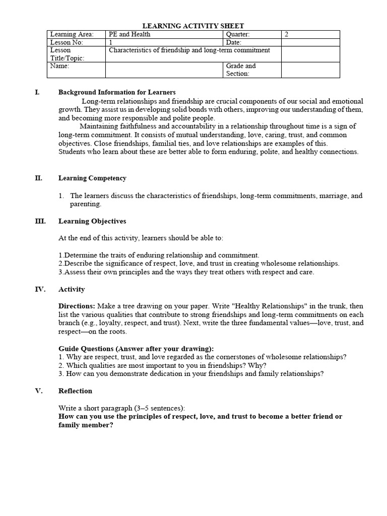 Learning Activity Sheet PE - HEALTH8 Edited | PDF | Learning | Love