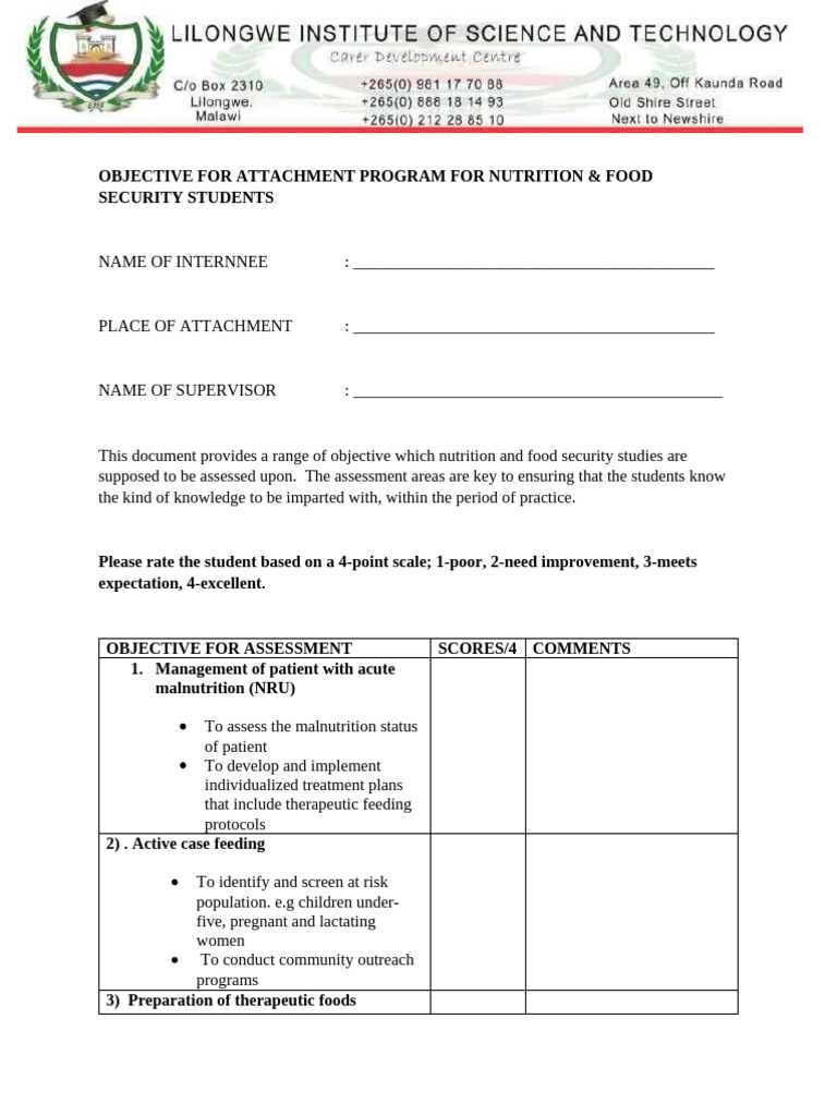 Nutrition & Food Security Internship Objectives | PDF