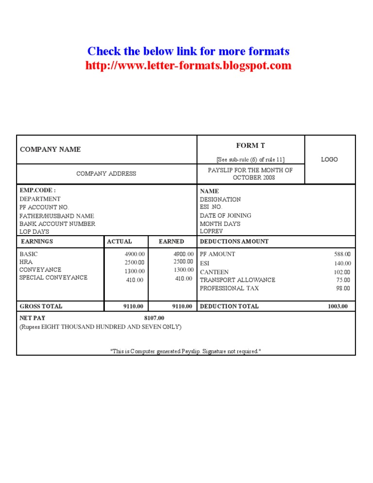 Salary Slip Format 2 | PDF