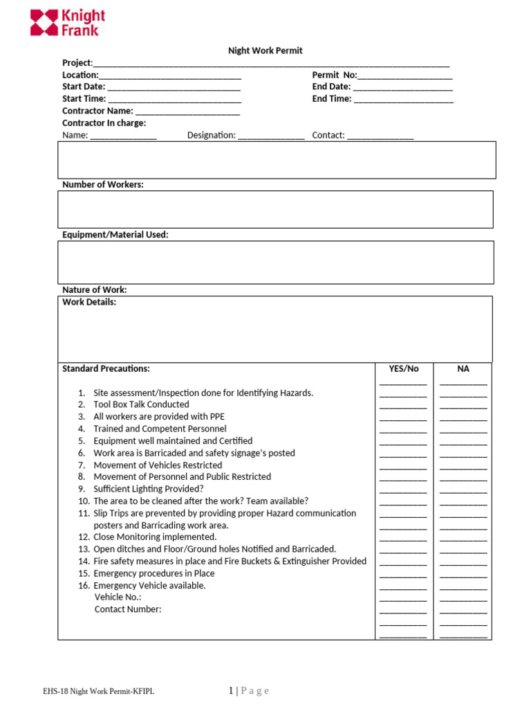 B-EHS-18 Night Work Permit | PDF | Fire Safety | Occupational Safety ...
