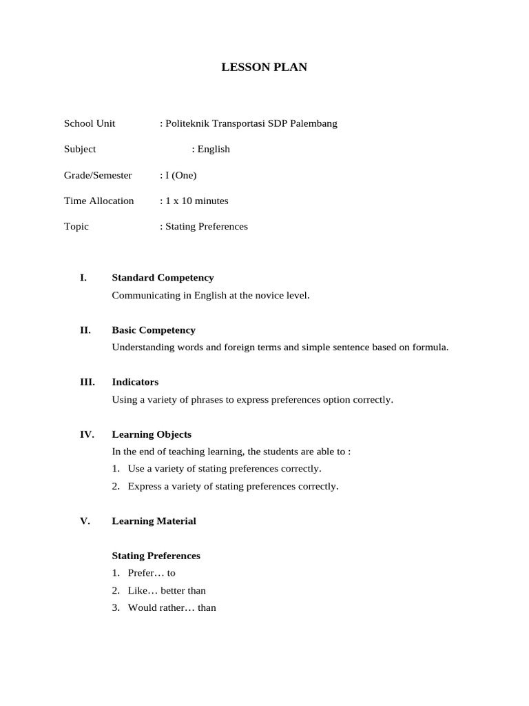 Lesson Plan Stating Preferences | PDF | Lesson Plan | English Language