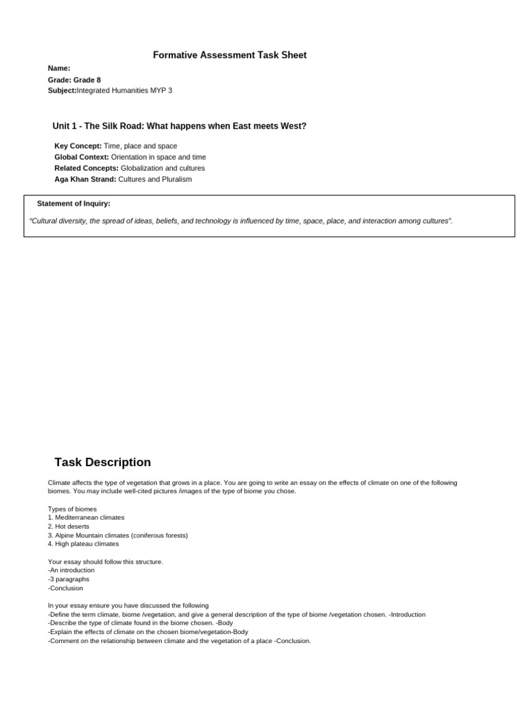 Formative Assessment On Climate - Silk Road | PDF | Desert | Water