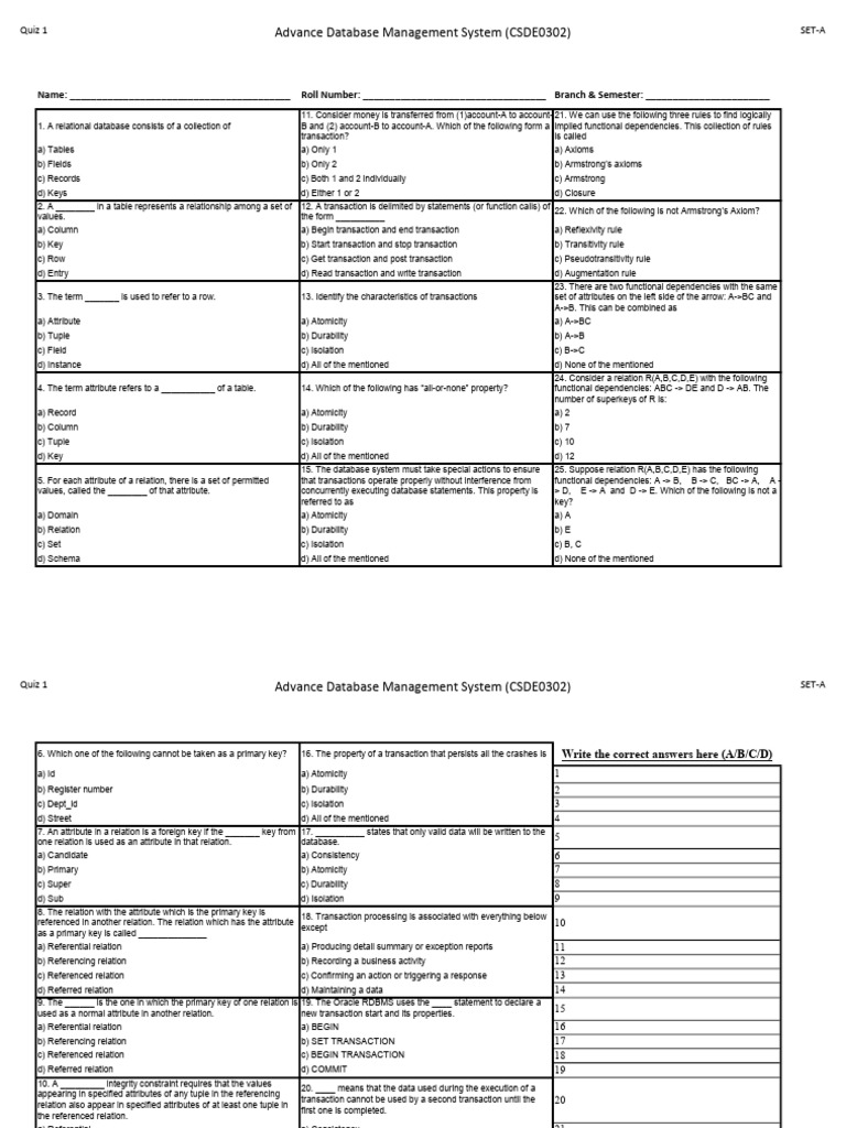 Quiz 1 Adbms | PDF | Database Transaction | Data Management Software