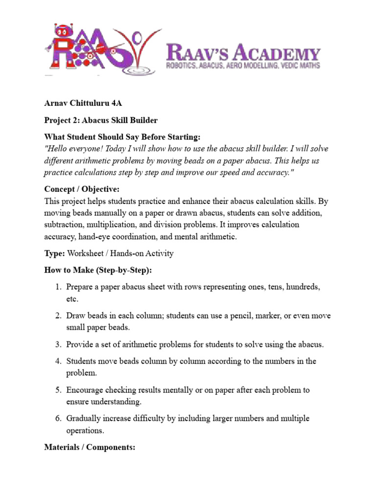Arnav Chittuluru 4A Project 2 - Abacus Skill Builder | PDF