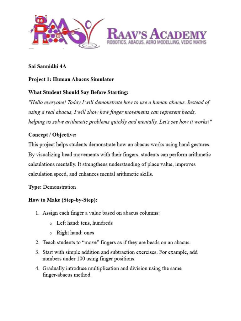 Sai Sannidhi 4A Project 1 - (Human Abacus Simulator) | PDF