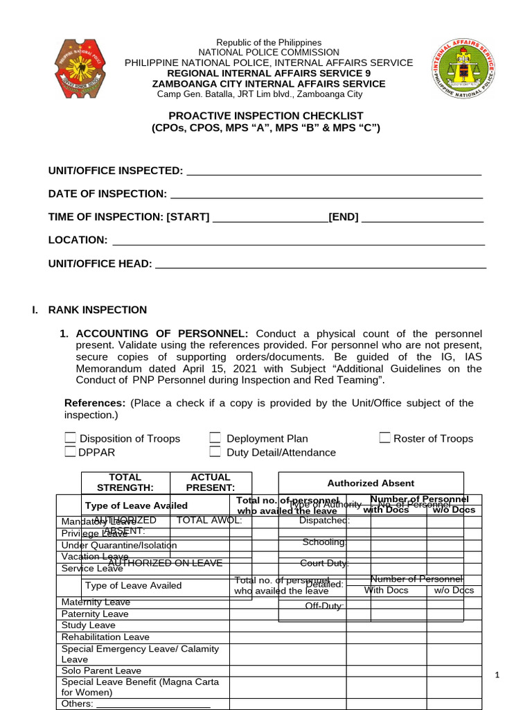 PNP Proactive Inspection Checklist | PDF | Police Car | Waste