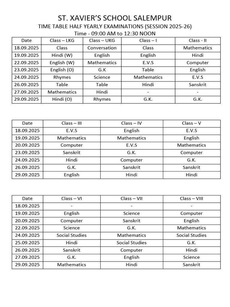 Time Table Half Yearly Exams | PDF | Science