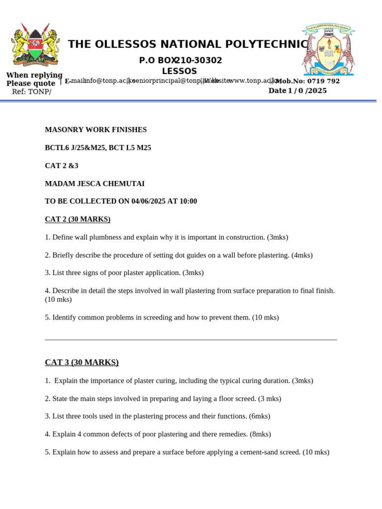 Masonry Work Finishes Cat 2&3 Bctl6 j25&m25 | PDF