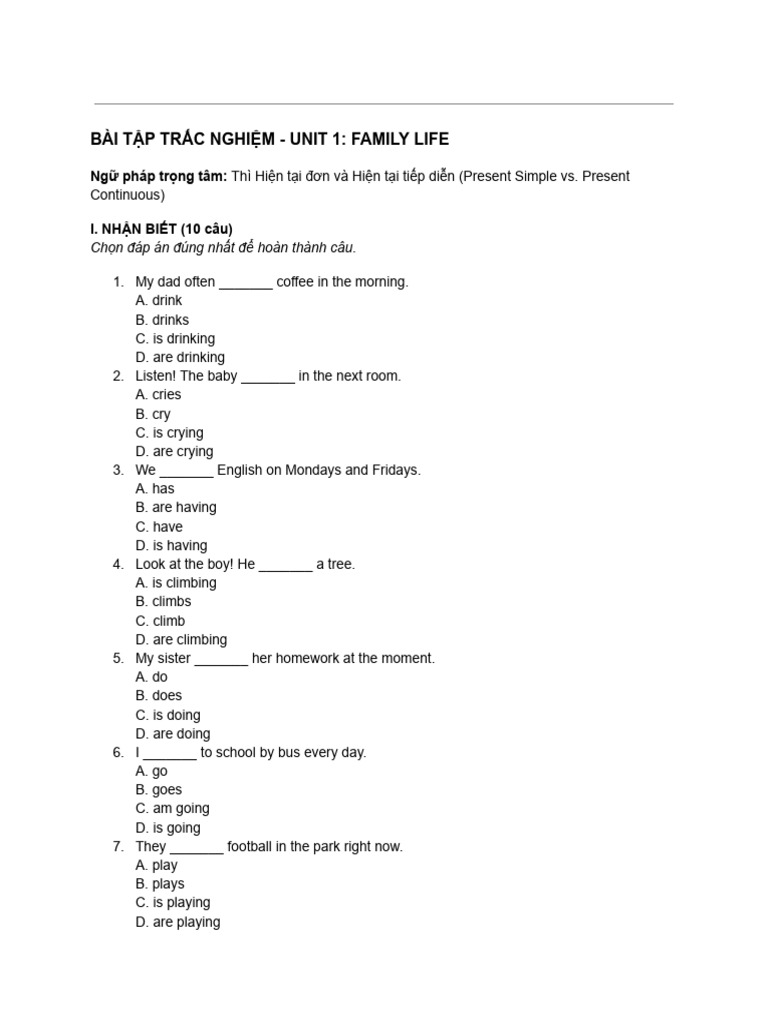 Family Life and Environment Grammar Quiz | PDF | Verb | Linguistic ...