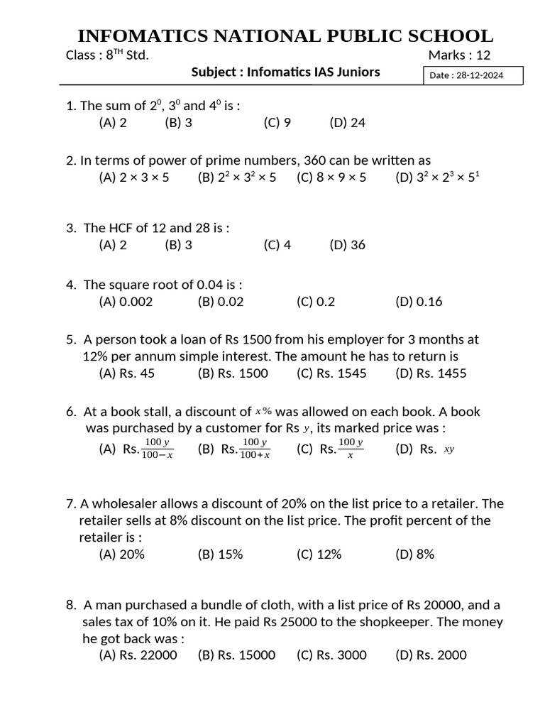Infomatics Skills 27-12-2024 School | PDF