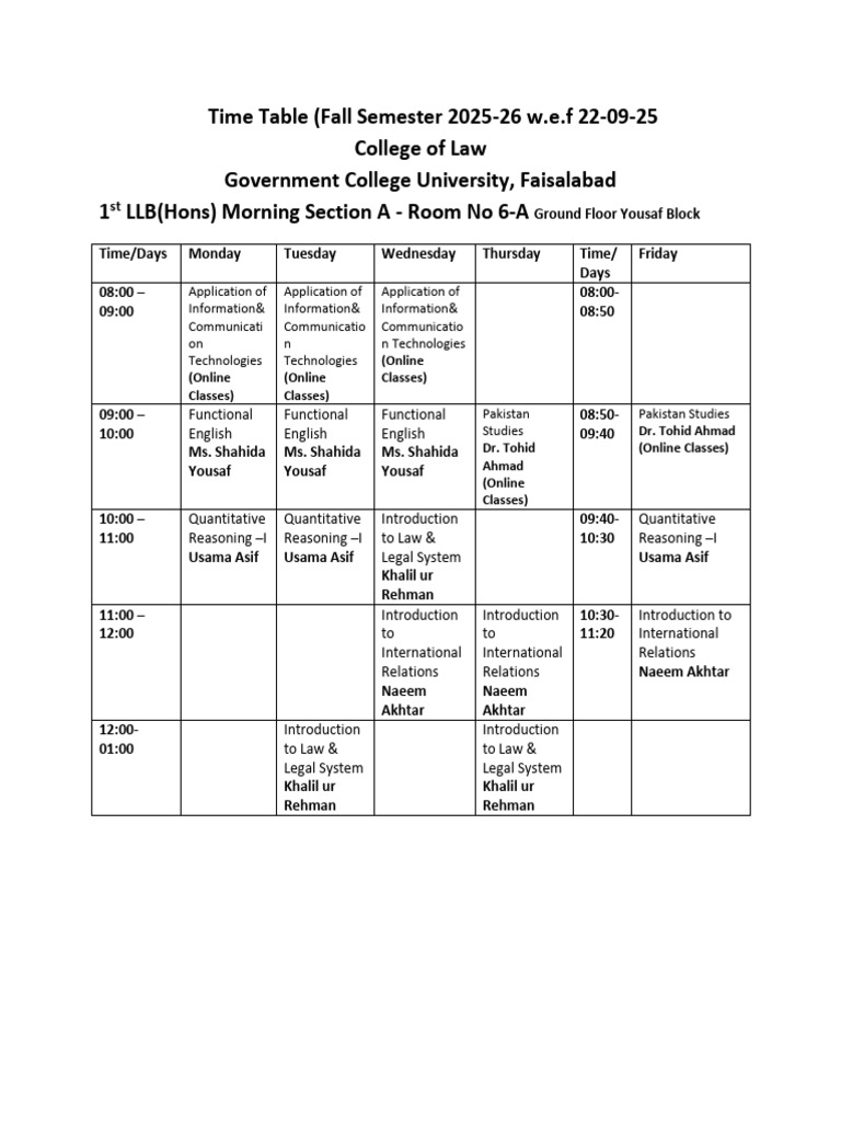 Fall 2025-26 Law College Timetable | PDF | Justice | Crime & Violence