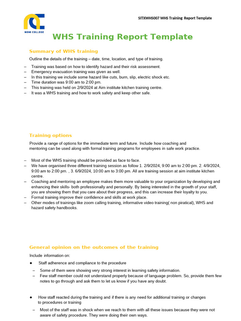SITXWHS007 WHS Training Report Template | PDF | Occupational Safety And ...