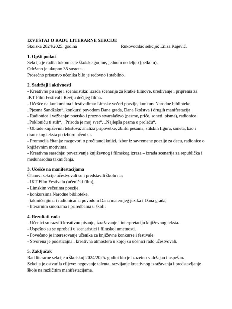 Izvestaj Literarna Sekcija 2024-25 | PDF
