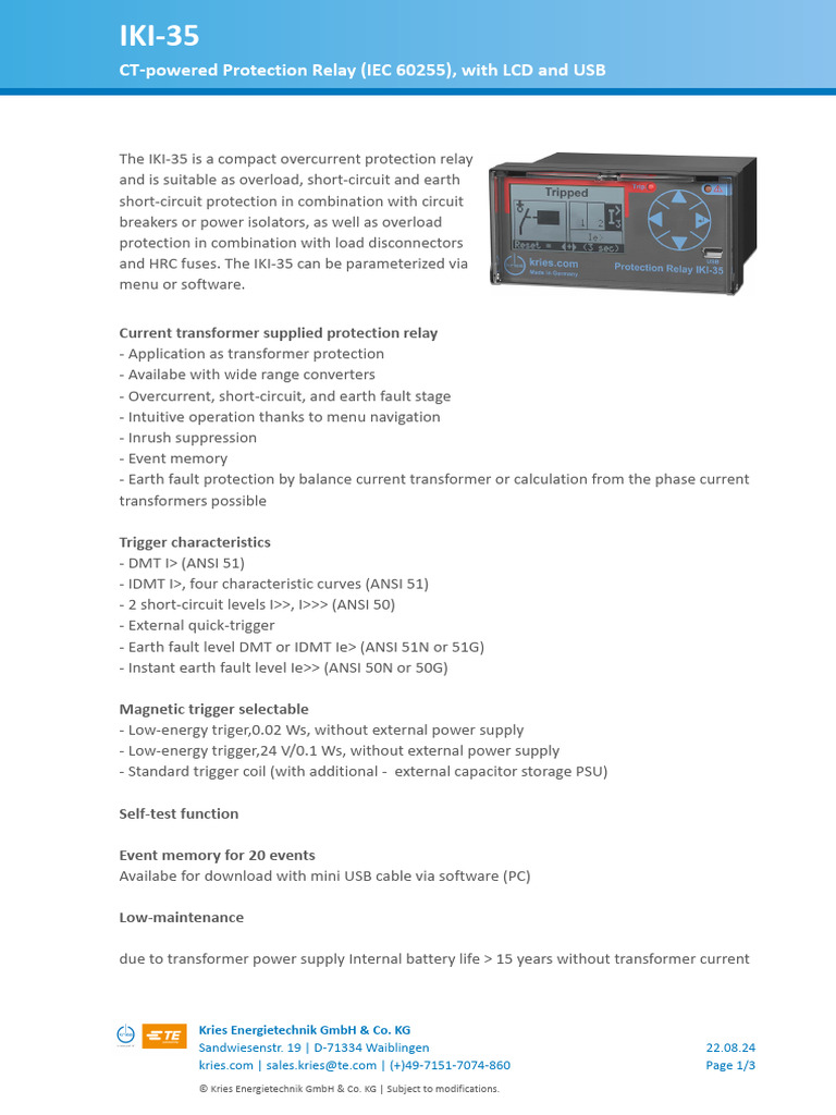 CT-powered Protection Relay (IEC 60255), With LCD and USB | PDF | Power ...