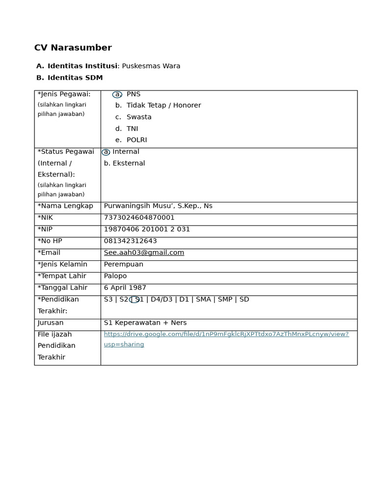 CV Perawat Madya Puskesmas Wara | PDF