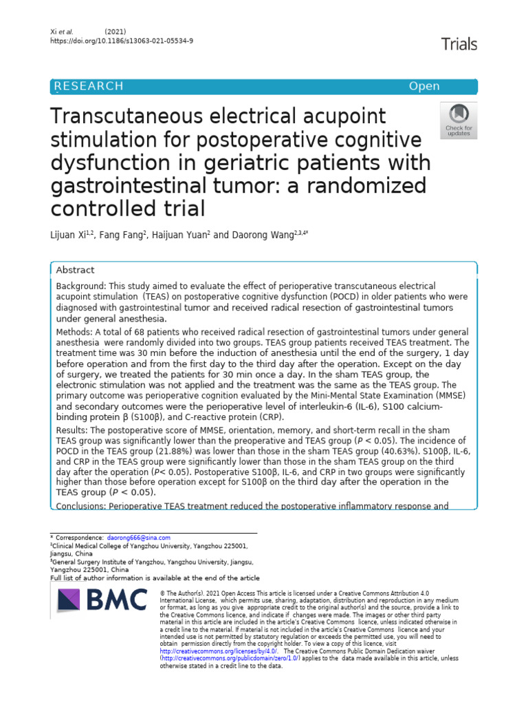 Transcutaneous Electrical Acupoint Stimulation For Postoperative ...