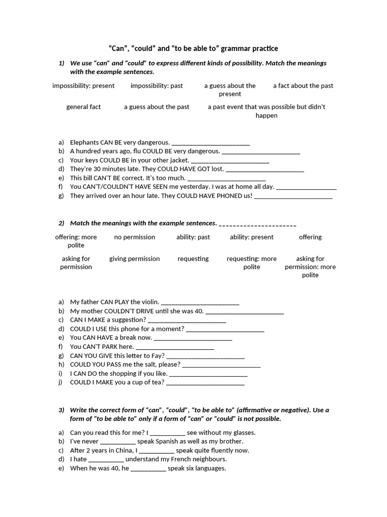 Can Could Be Able To Grammar Practice | PDF | Linguistics