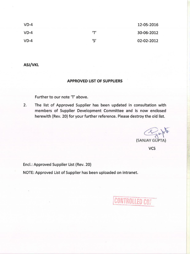 Approved List of Suppliers - Rev. 20 | PDF