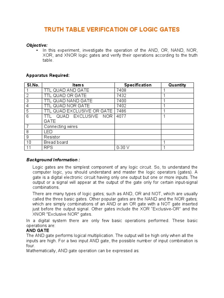 Expt 4 Truth Table Verification of Logic Gates | PDF | Logic Gate ...