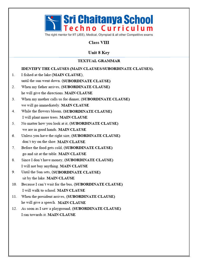 TS VIII Class Unit 8 Common Notes Key | PDF | Clause | Grammar