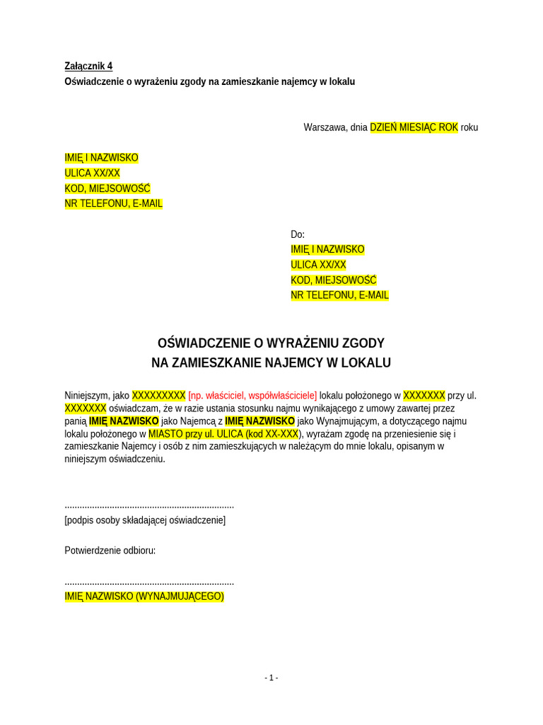 Zalacznik NR 4 Oswiadczenie Wlasciciela Innego Lokalu | PDF