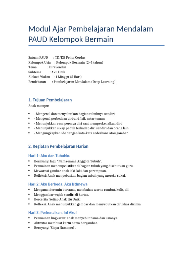 Modul Ajar Pembelajaran Mendalam PAUD KB | PDF