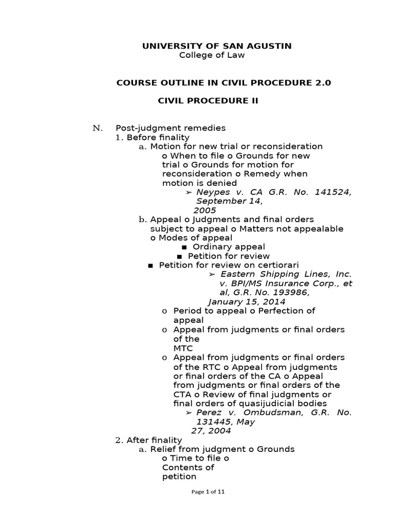 Civpro2 Course Outline Updated 2025 07 07 2025 | PDF | Certiorari | Foreclosure