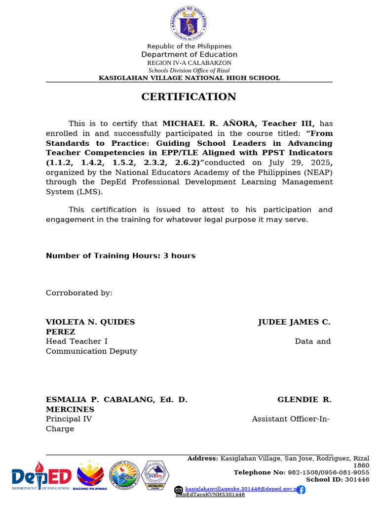 Certification of Teacher Training Completion | PDF