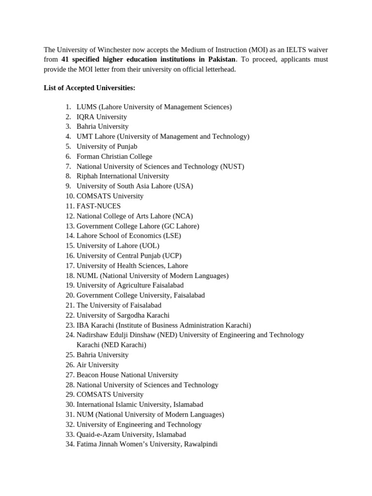 Accepted Universities for MOI Waiver | PDF