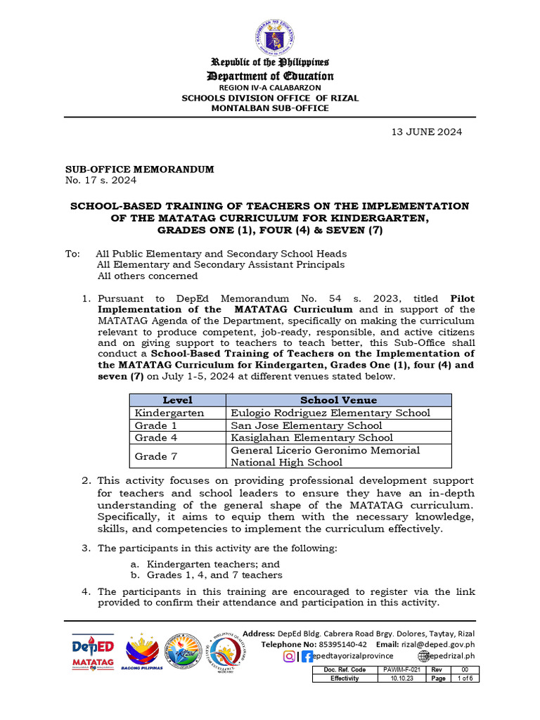 Teacher Training on MATATAG Curriculum | PDF | Learning | Human ...