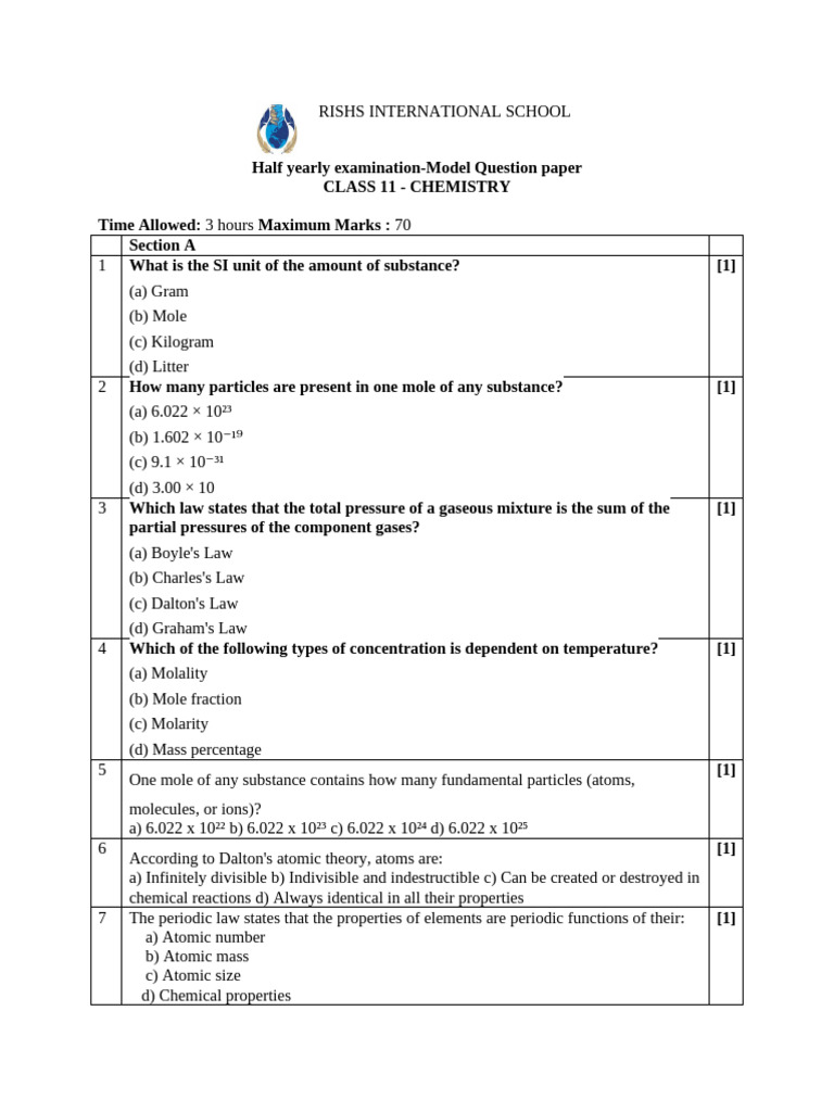 Class 11 Chemistry Model Exam Paper | PDF | Mole (Unit) | Chemistry