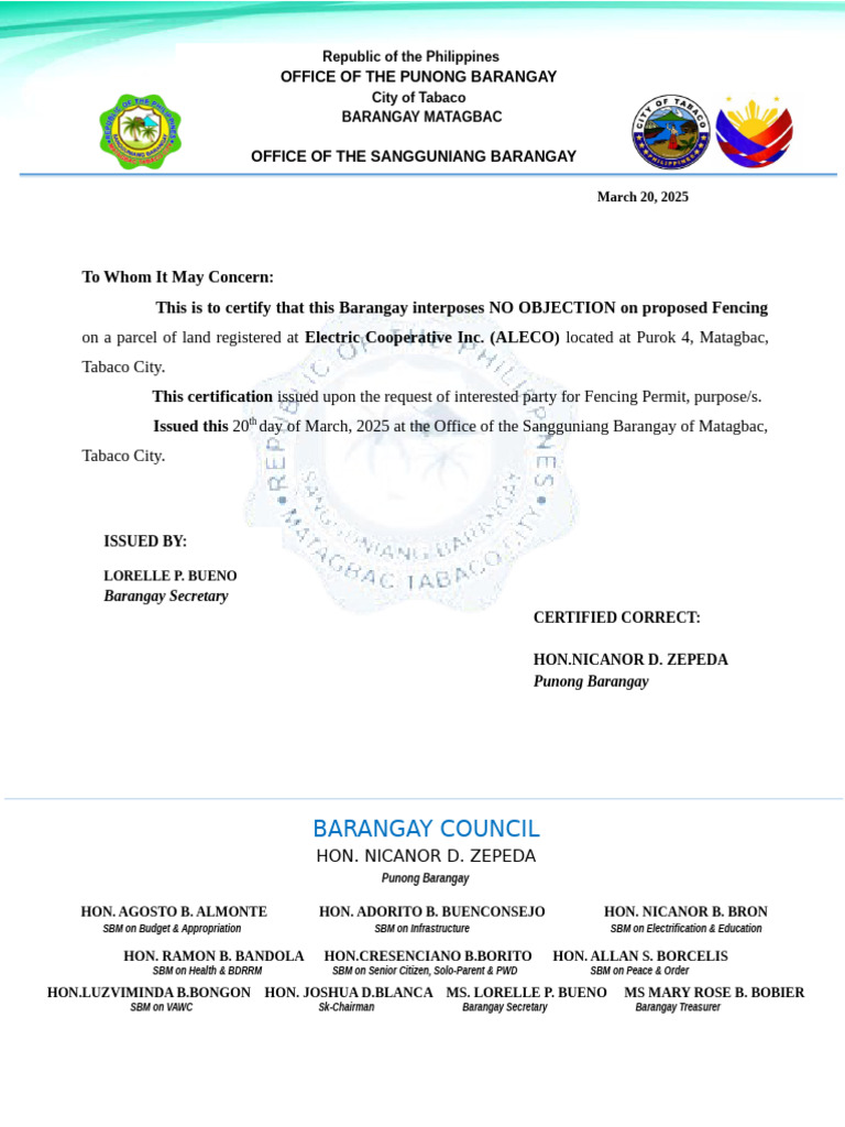 Barangay No Objection Certificate for Fencing | PDF