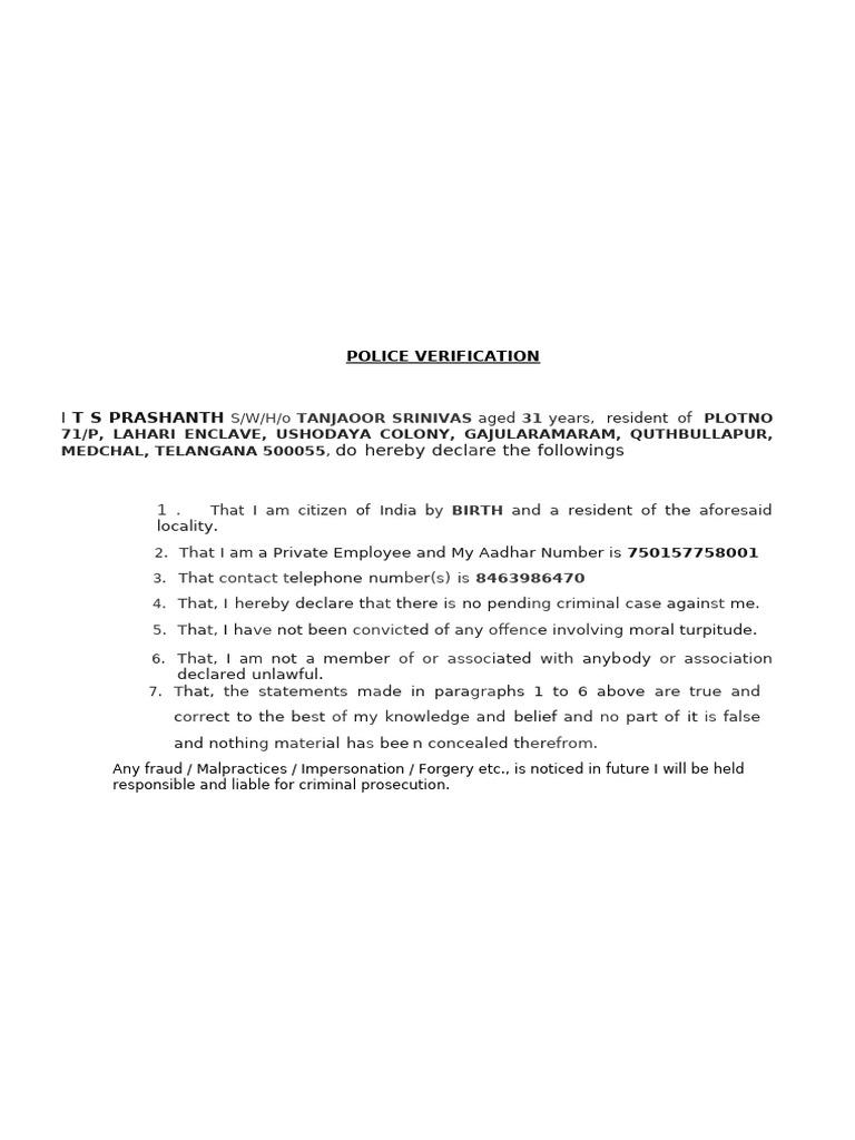 Affidavit for Police Verification | PDF