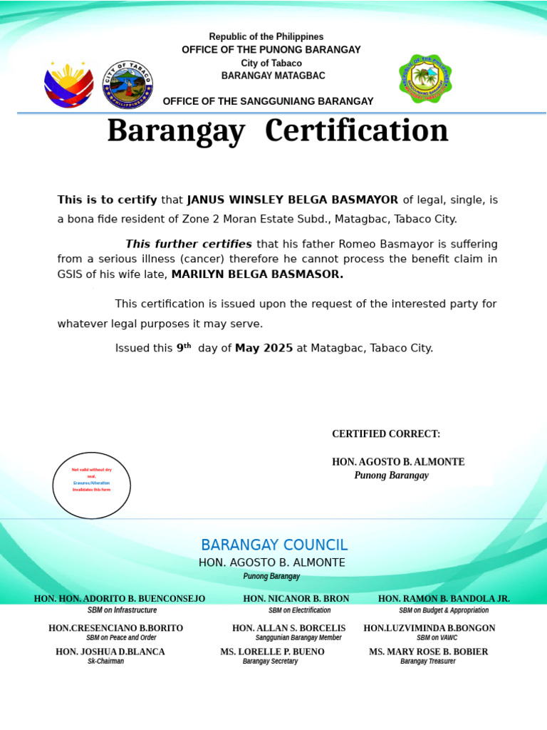 Barangay Certification for Janus Basmayor | PDF