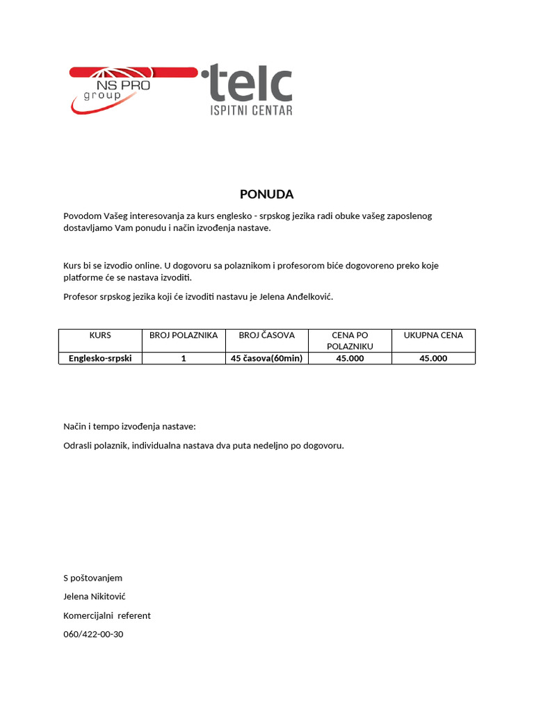 Ponuda Za Srpski Jezik Online | PDF