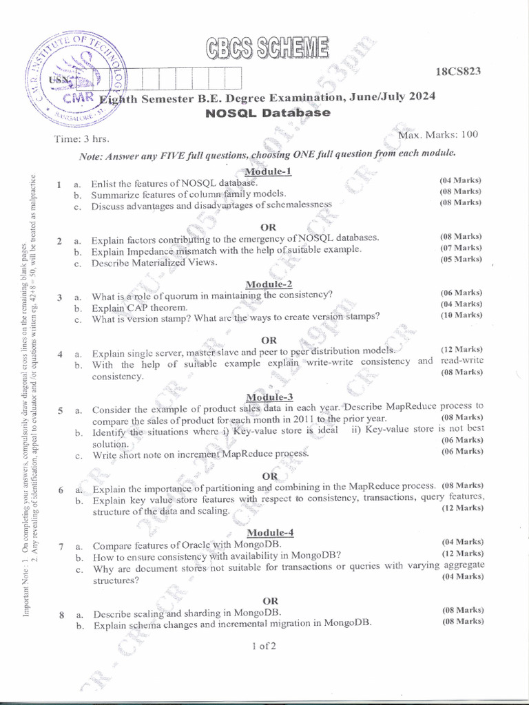 VTU Question Paper of 18CS823 NOSQL Database Jun-July-2024 | PDF