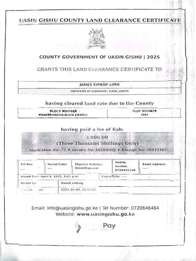 Uasin Gishu Land Clearance Certificate | PDF