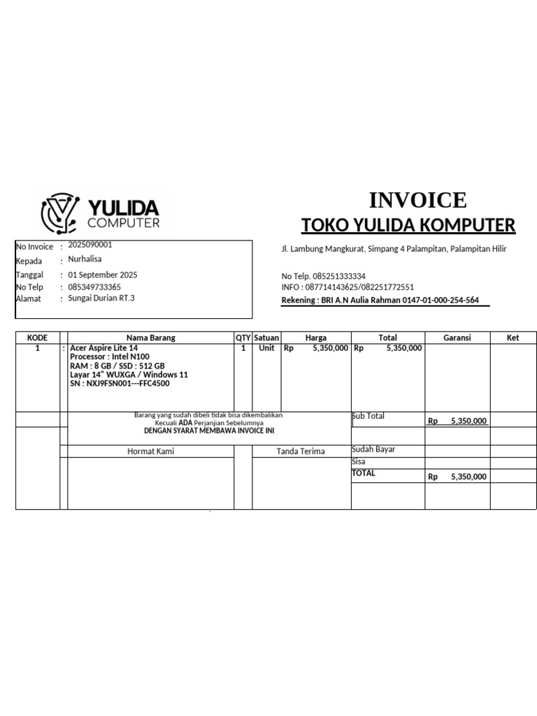 Invoice Pembelian Acer Aspire Lite 14 | PDF