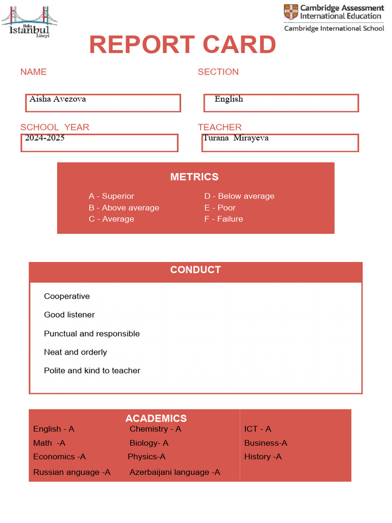 Cambridge School Report Aisha | PDF